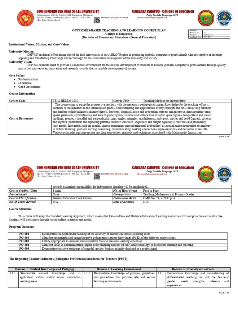 Syllabi2nday2324 Beed Teachelem Math Tecson-nelissa-A. | PDF | Learning | Area