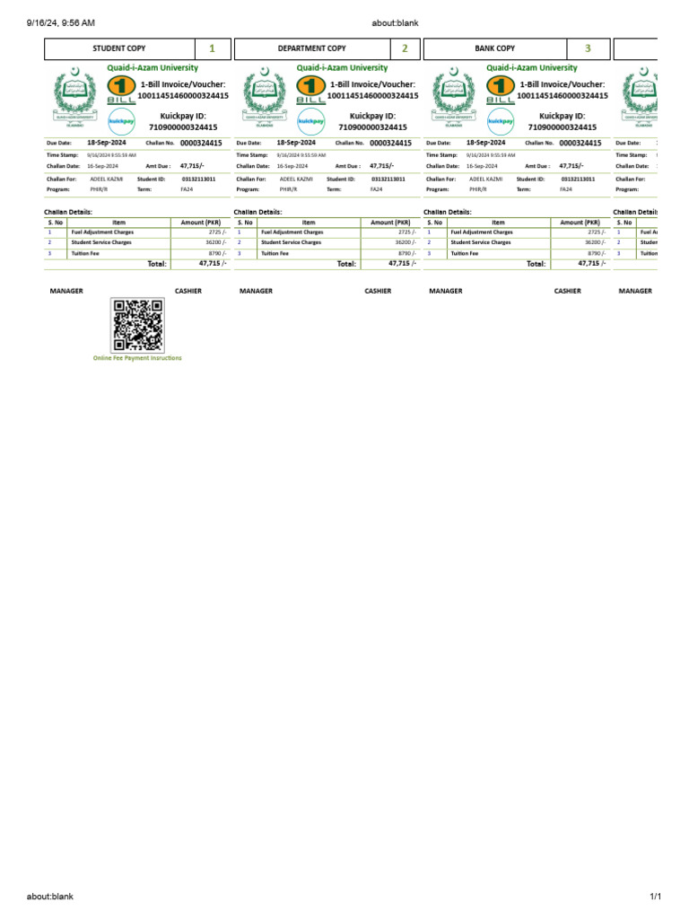 Quaid-i-Azam University Fee Invoice | PDF | Payments | Service Industries