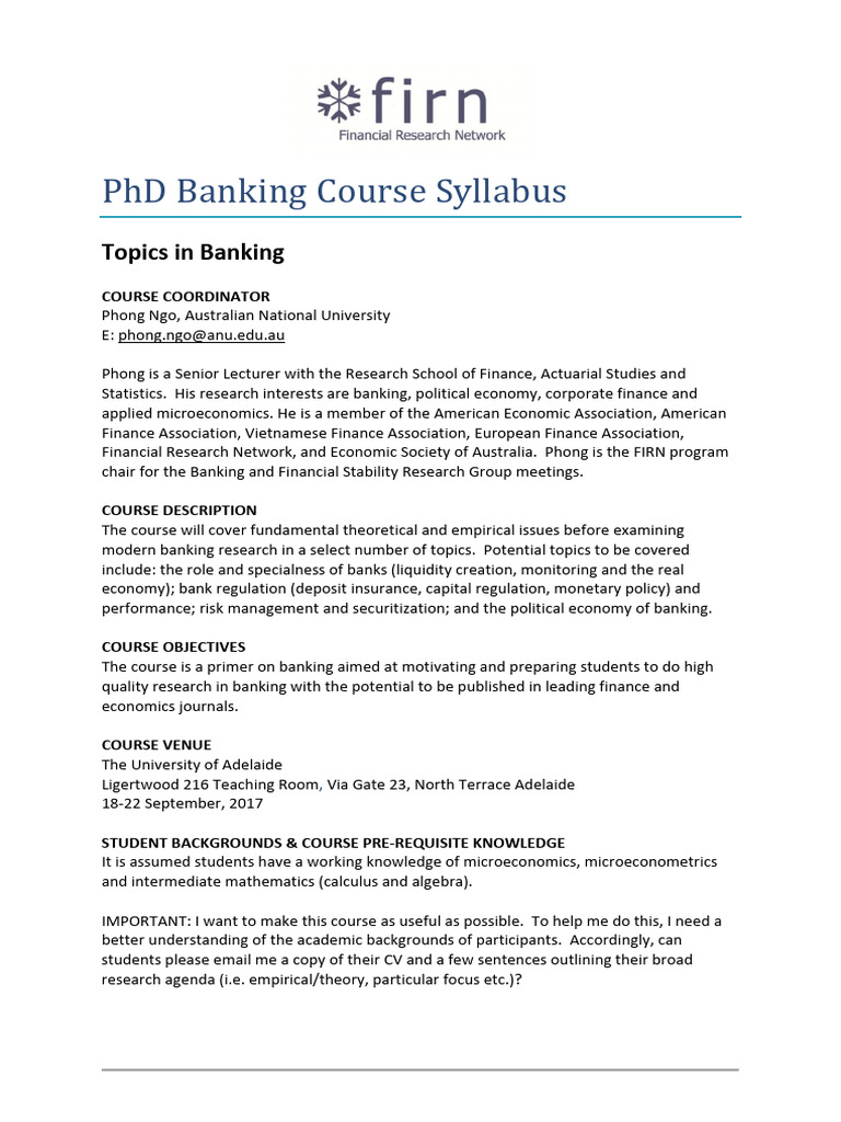 PhD Banking Course Syllabus | PDF | Banks | Economies
