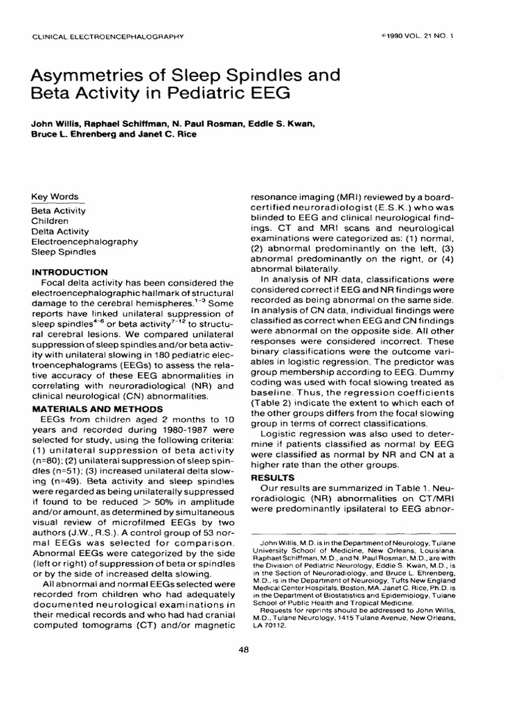 Asymmetries of Sleep Spindles and Beta Activity in Pediatric EEG | PDF ...