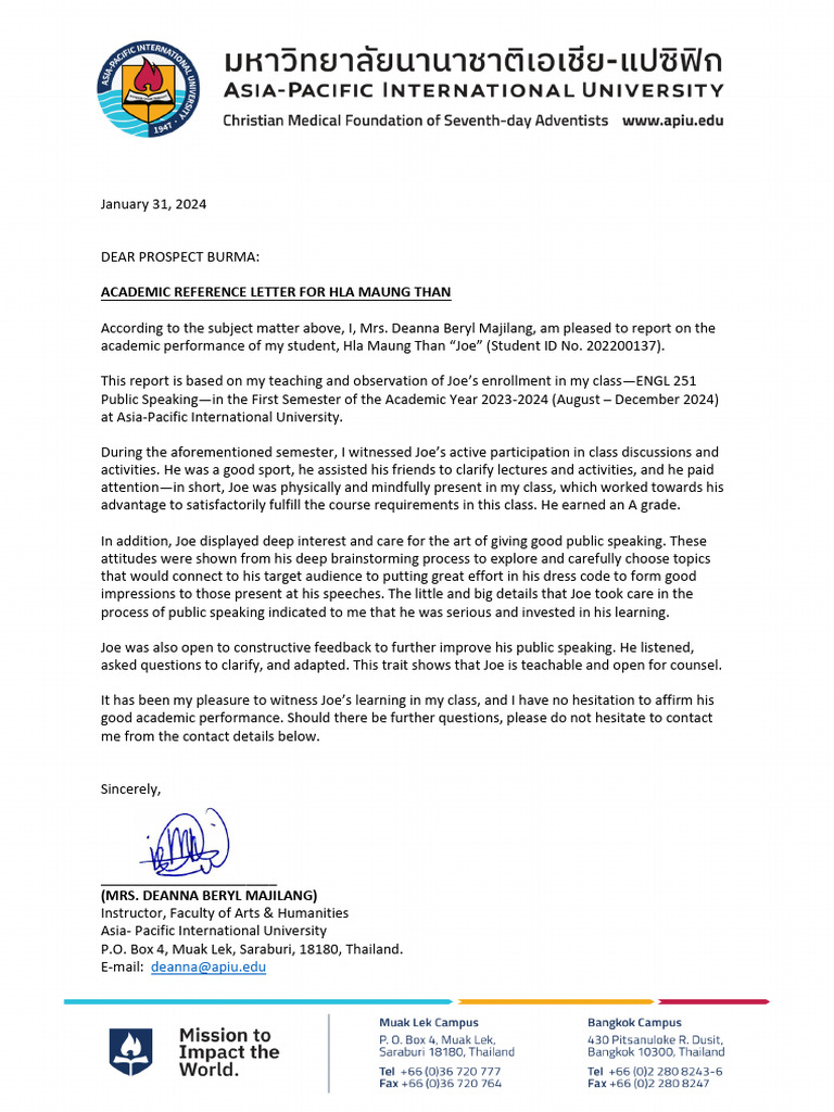 Academic Reference for Hla Maung Than | PDF