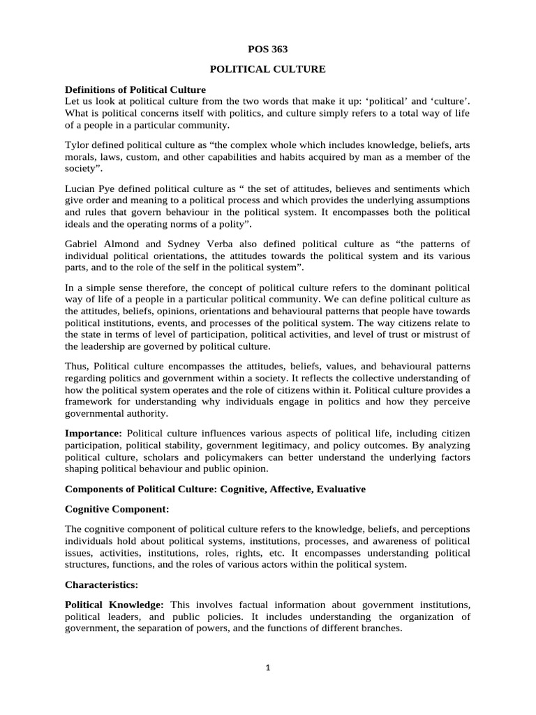 POS 363 Political Culture 2024 | PDF | Institution | Affect (Psychology)
