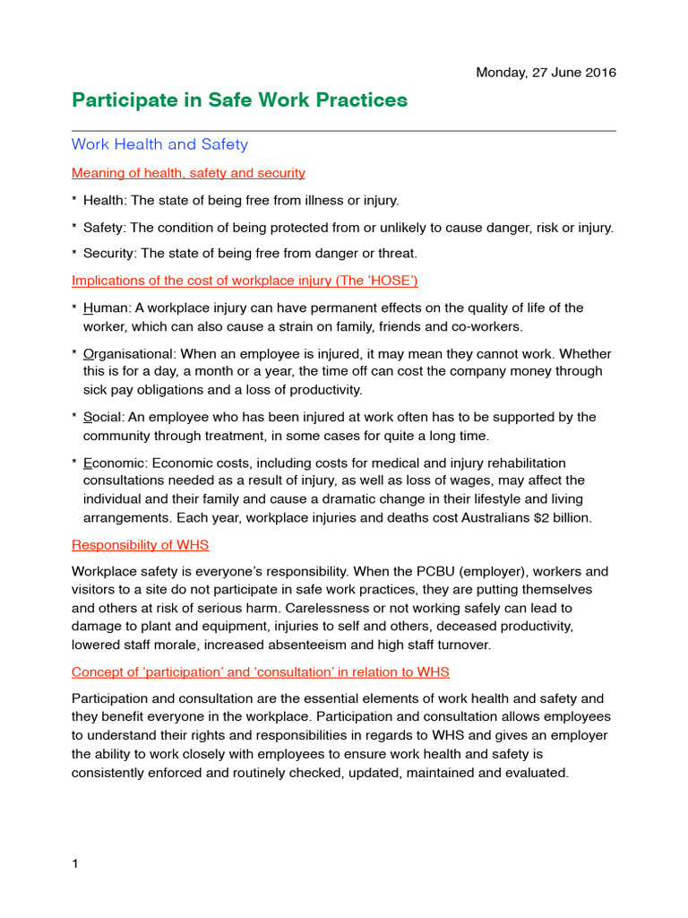 Participate in Safe Work Practices | PDF | Occupational Safety And ...