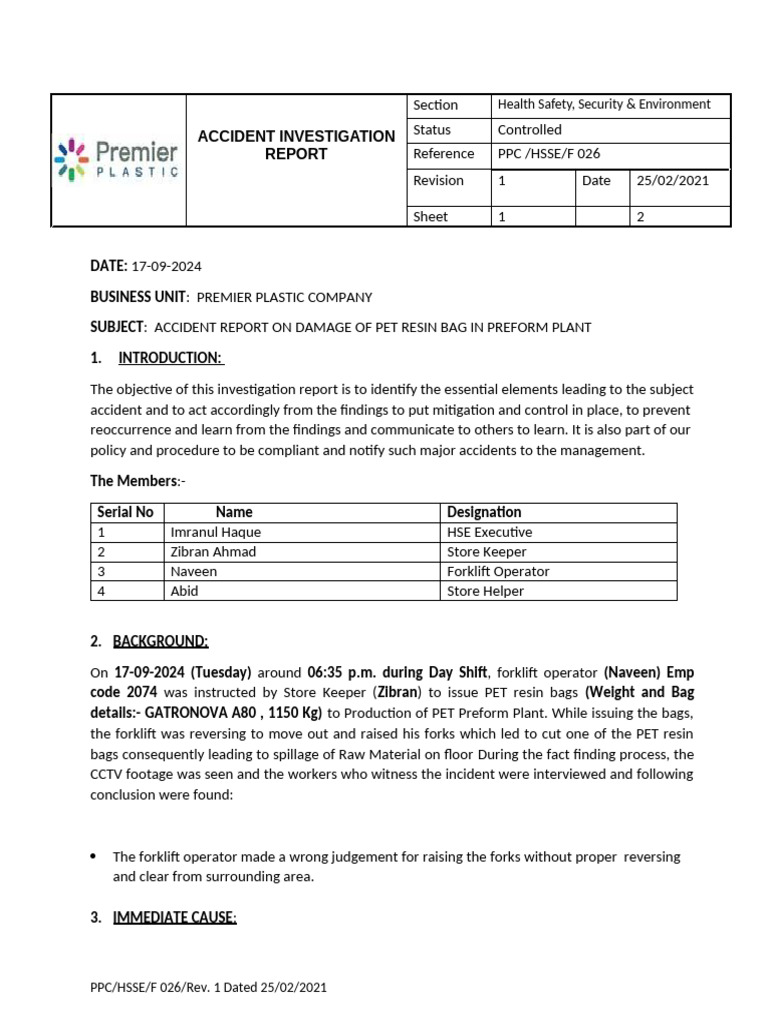 Damge To Property (PET Resin Bag Preform Plant) | PDF | Forklift