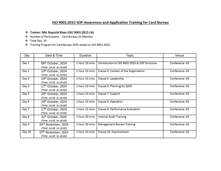 ISO 9001 SOP Training Schedule | PDF | Business