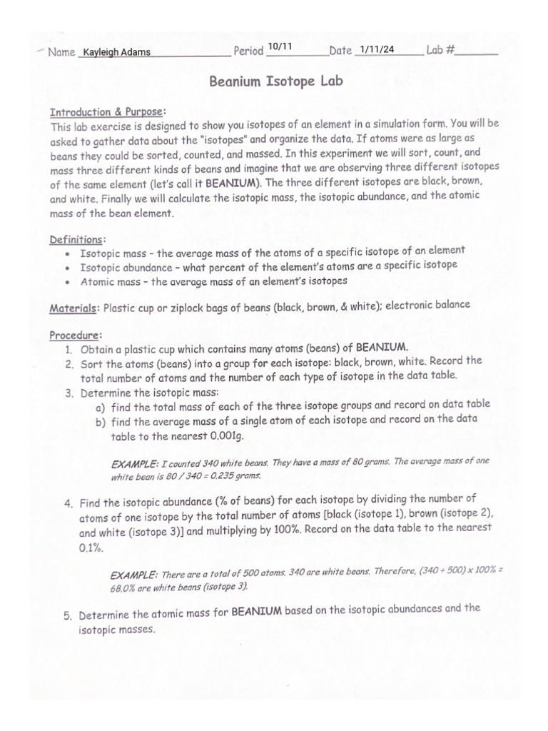 Kami Export - Kayleigh Adams - Beanium Isotope Lab | PDF