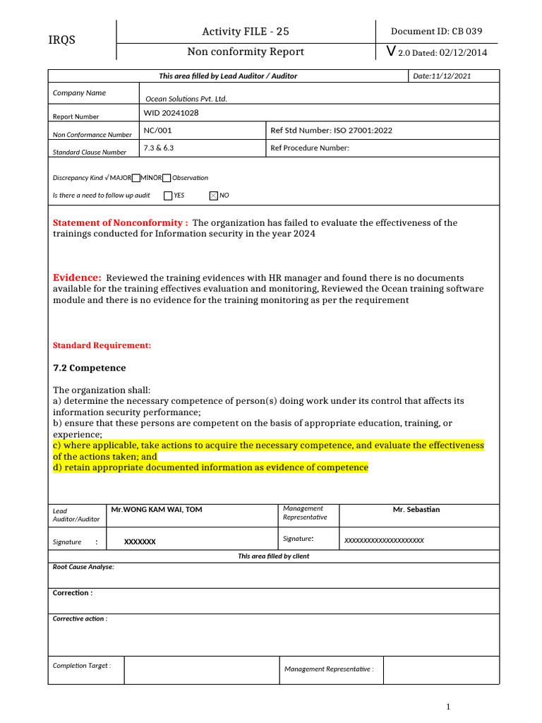 Non Conformity Report for ISO 27001 | PDF