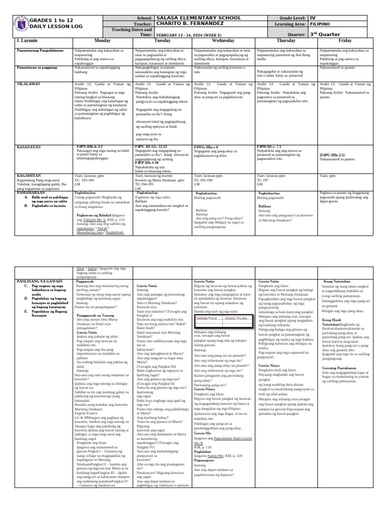 Grade 4 DLL FILIPINO 4 Q3 Week 3 | PDF