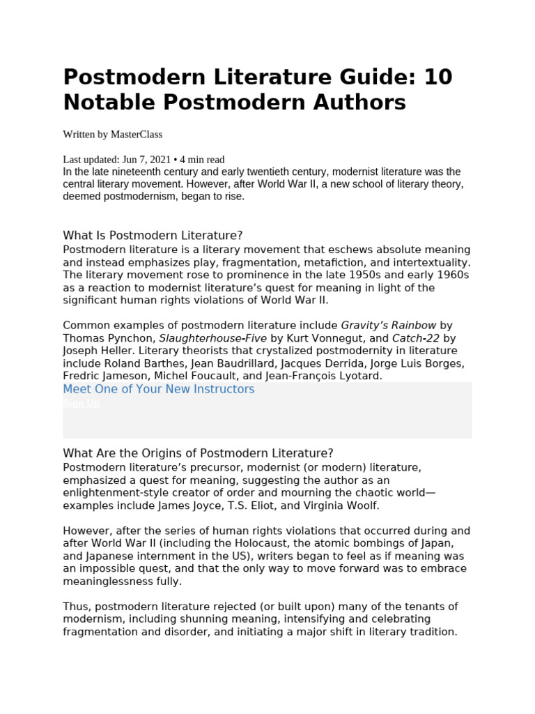 Postmodern Literature Guide | PDF | Postmodern Literature | Postmodernism