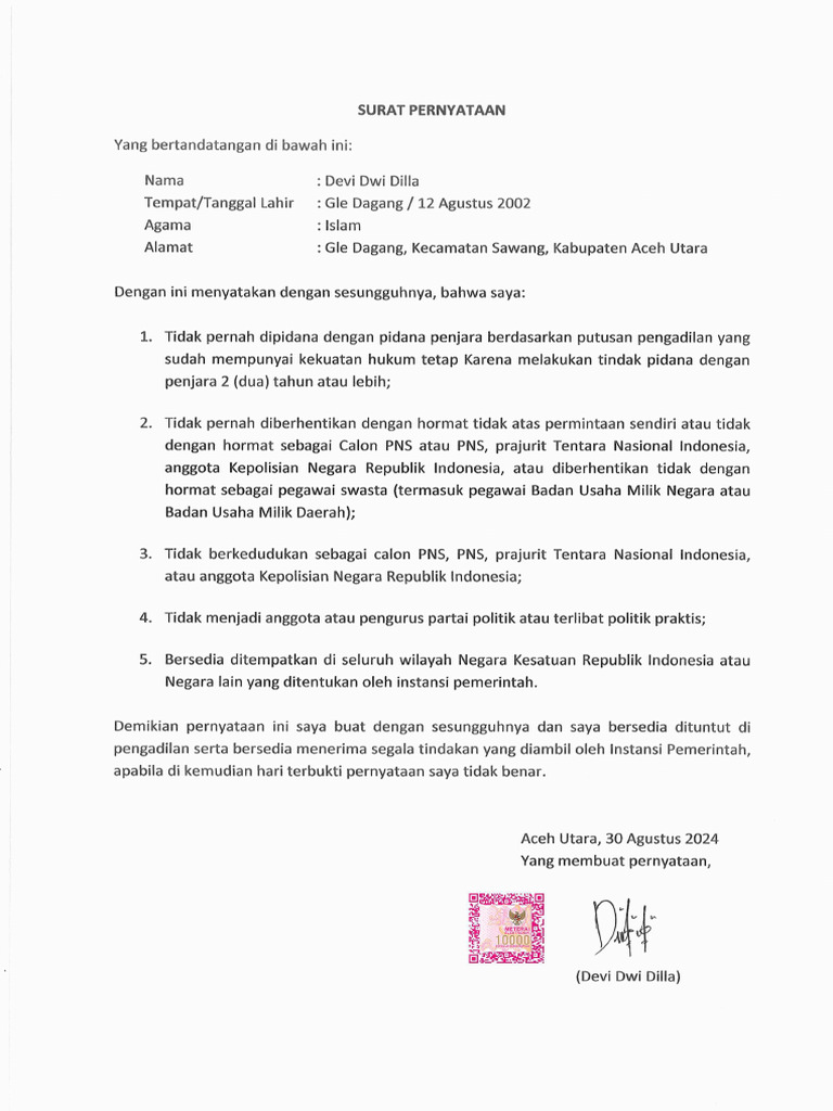 SURAT PERNYATAAN E-MATERAI | PDF