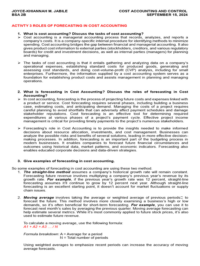 Activty 3 Roles of Forecasting in Cost Accounting | PDF | Forecasting | Cost Accounting