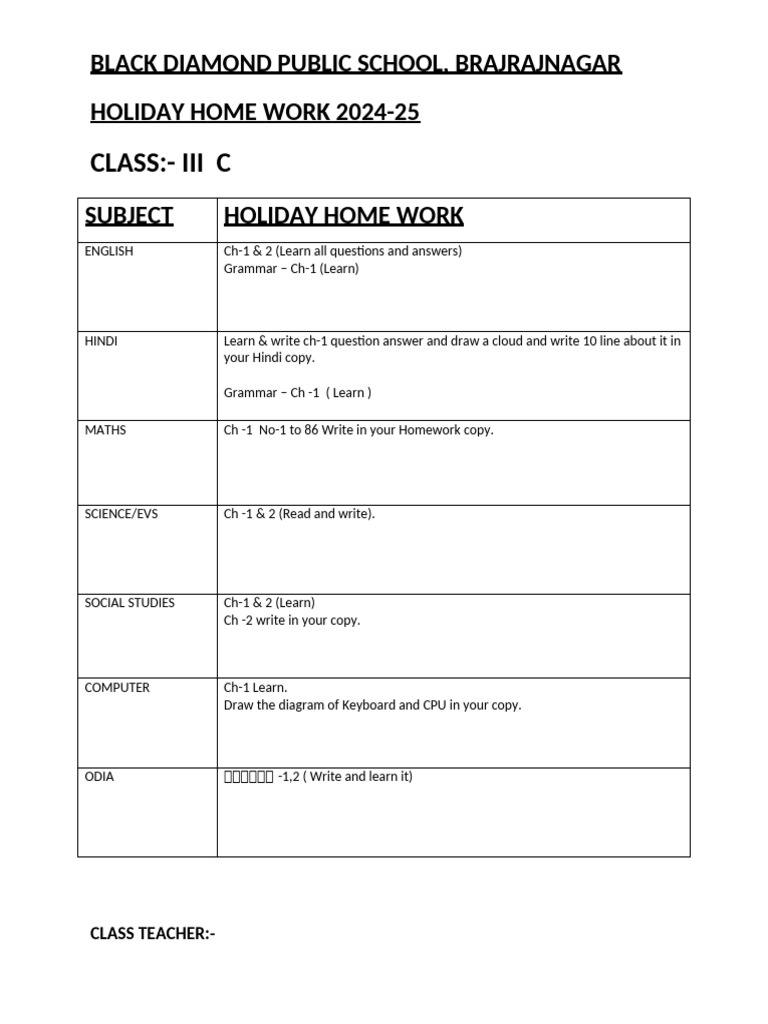 Holiday Homework Format | PDF