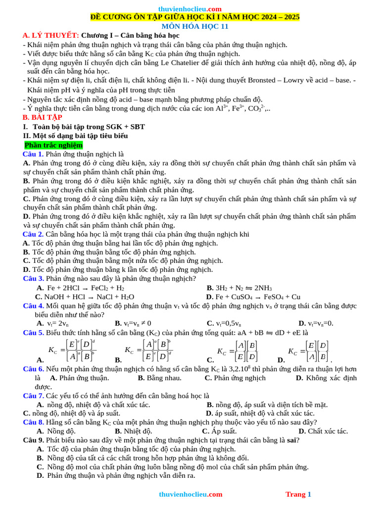 De Cuong On Tap Giua HK1 Hoa 11 KNTT | PDF