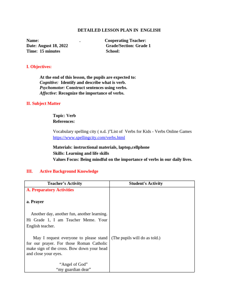 LP-eng-VERB | PDF | English Language | Teachers