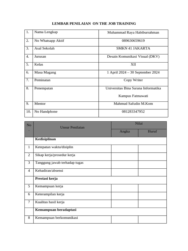 Lembar Penilaian SMK 41 Jakarta M.Raya.H | PDF