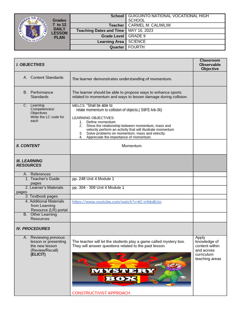 DLP-SAMPLE-FOR-CLASSROOM-OBSERVATION-cot-4 | PDF | Learning | Inquiry Based Learning