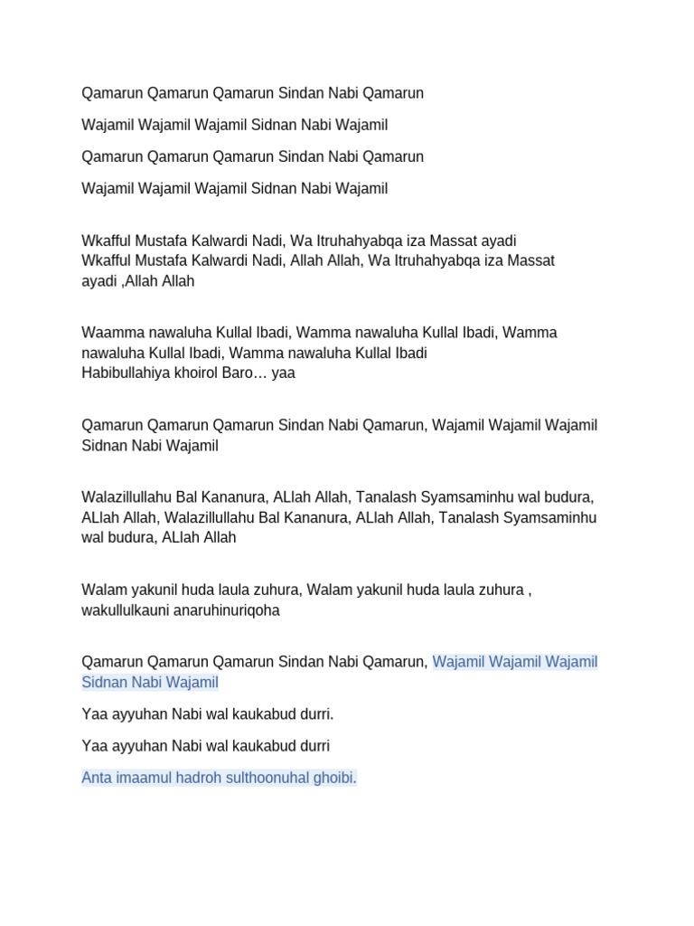 Qamarun: Sidnan Nabi Lyrics | PDF