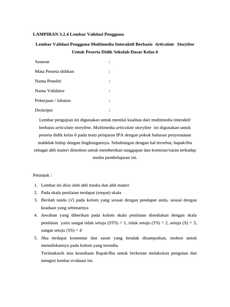 LAMPIRAN 3.2.4 Lembar Validasi Pengguna Guru Kelas Lembar Validasi | PDF