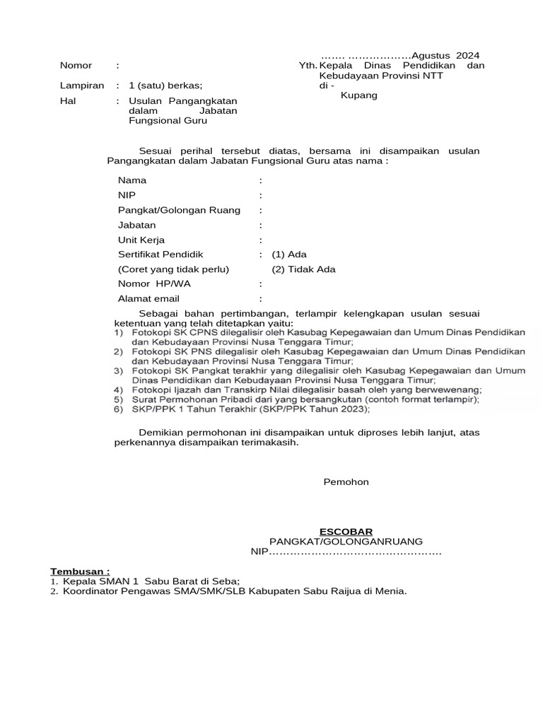 Contoh Surat Permohonan Pengangkatan Guru Dalam JAFUNG Guru 2024 | PDF