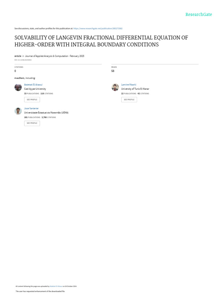 Solvability Of Langevin Fractional Differential Equation Of Higher Order With Integral Boundary