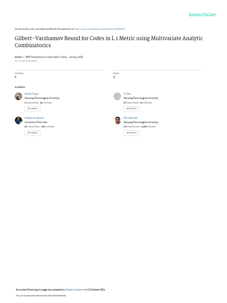 Gilbert-Varshamov Bound For Codes in L 1 Metric Using Multivariate Analytic Combinatorics | PDF ...