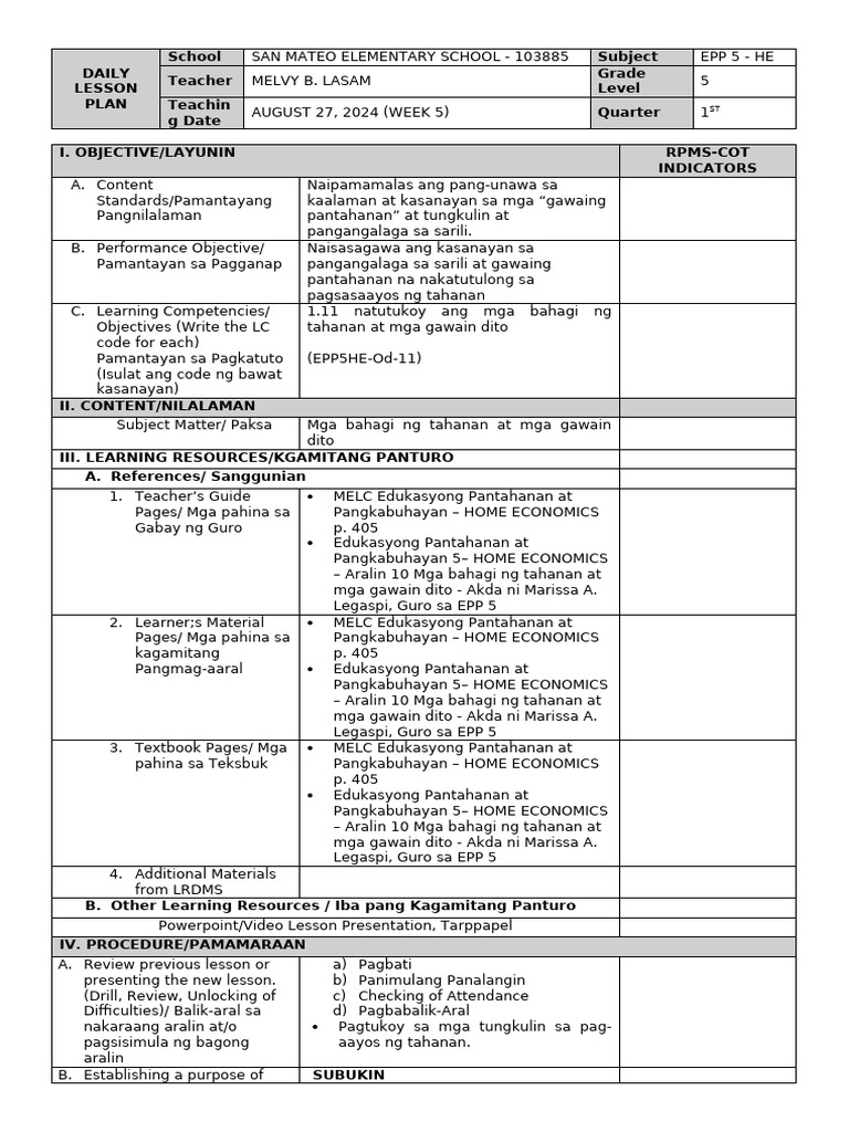 EPP-5-HE-COT-LESSON-PLAN-Q1-W5 | PDF