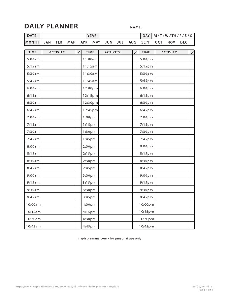15 Minute Daily Planner Template | Time Blocking Template | PDF