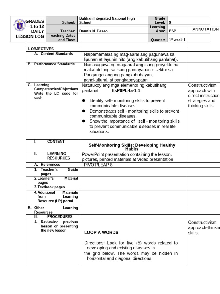 COT-1-MAPEH-HEALTH-atp | PDF | Teachers | Constructivism (Philosophy Of Education)