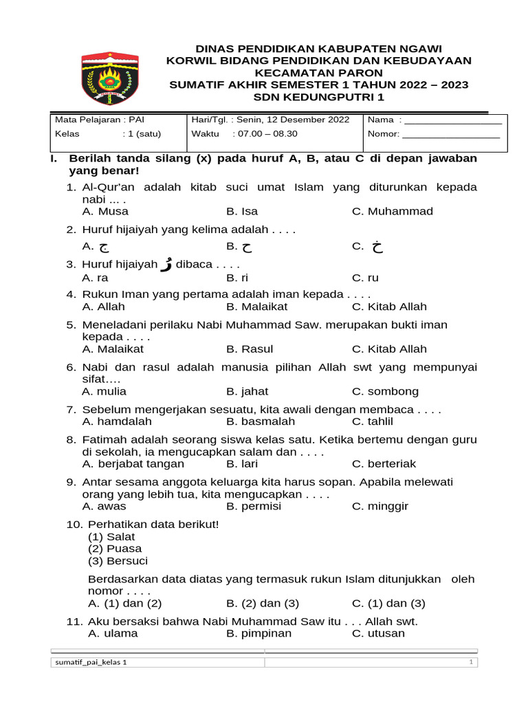Soal Pas Pai KLS 1 SMT 1 | PDF