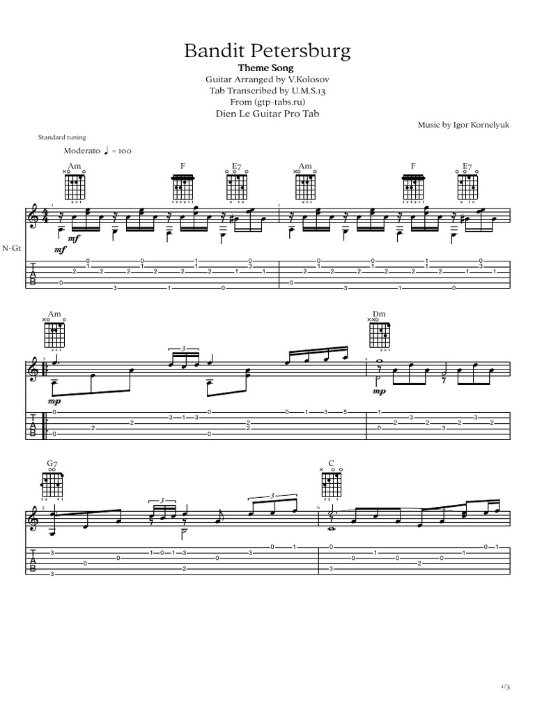 (Thame Song) Bandit Petersburg - Arr For Acoustic Guitar With Tab | PDF ...