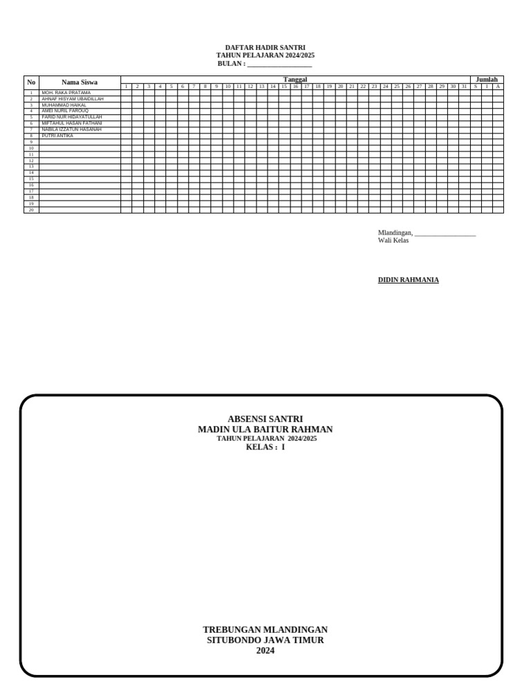 Contoh Absen Santri 2024/2025 | PDF