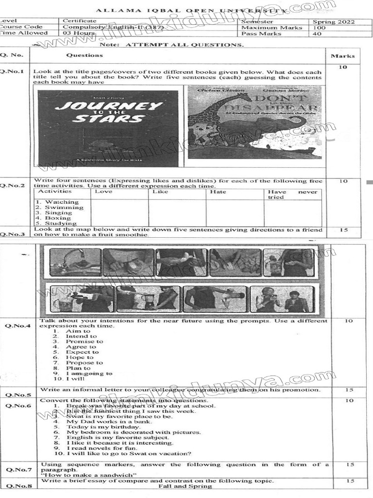 Past Papers 2022 AIOU Intermediate English Compulsory (I) 387 Subjective Spring (2) | PDF