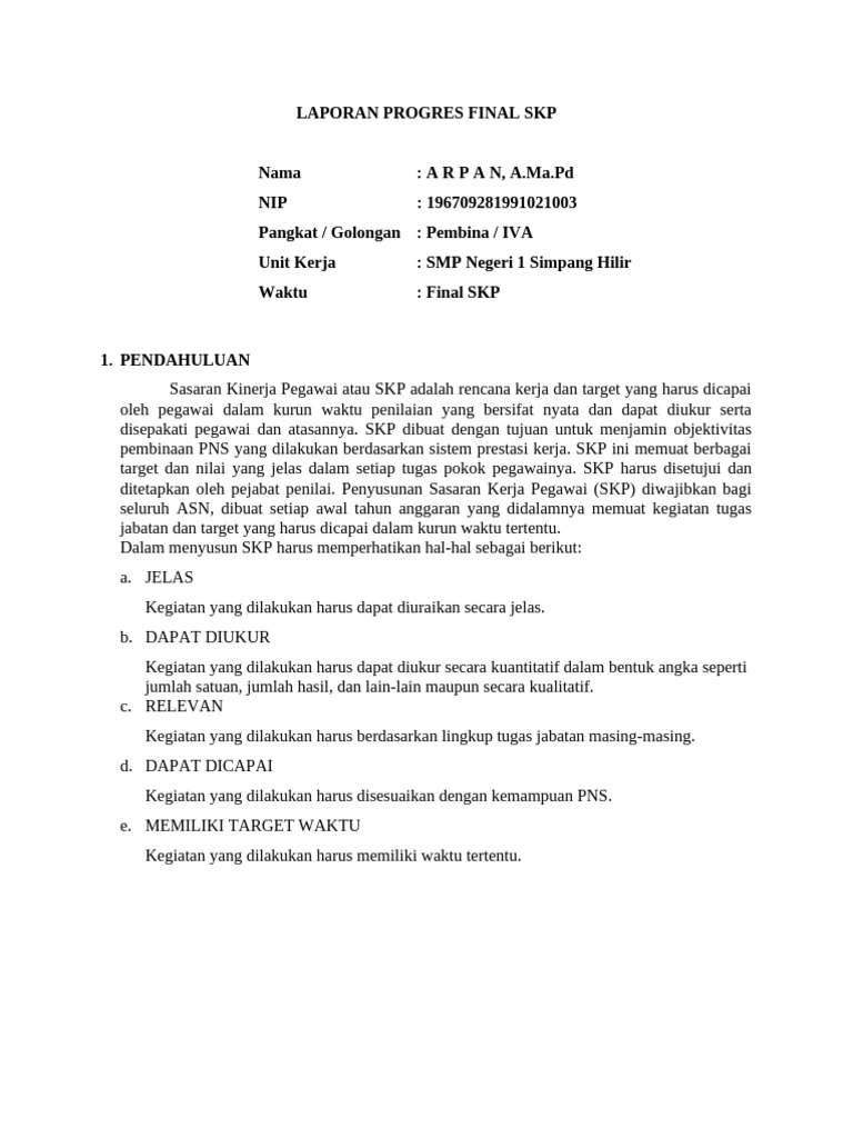 Laporan Progres SKP Guru SMP 2024 | PDF