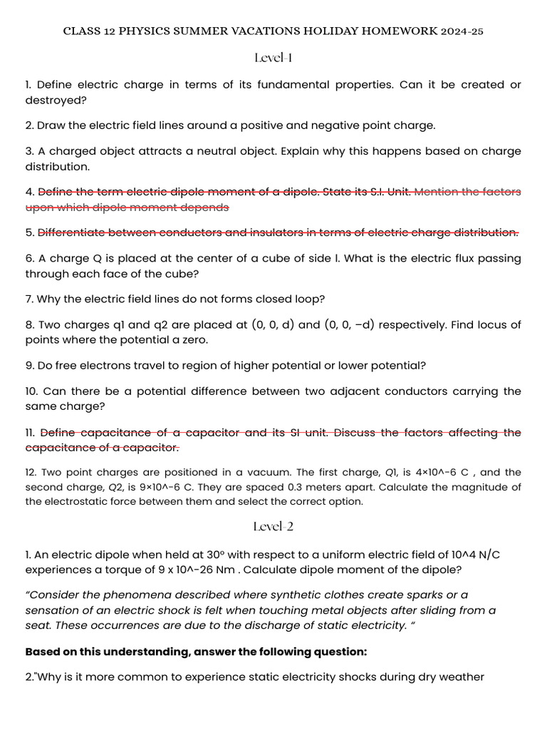 Class 12 Physics Summer Vacations Holiday Homework 2024-25 | PDF ...