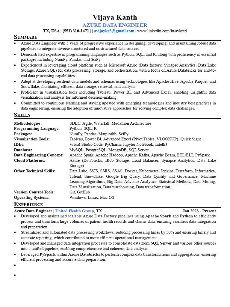 Vijay Kanth - Azure Data Engineer | PDF | Apache Spark | Microsoft Azure