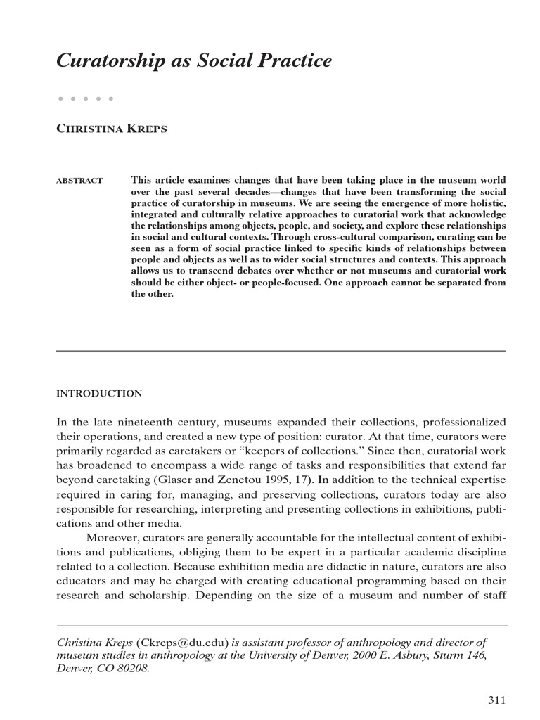 Curator The Museum Journal - 2010 - Kreps - Curatorship As Social ...