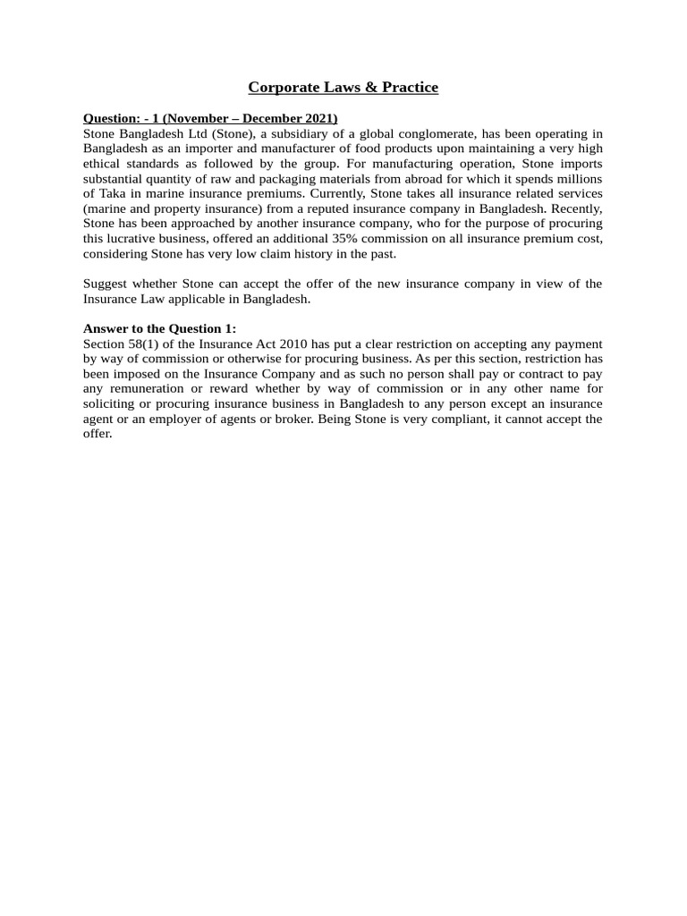 Corporate Laws & Practice-Suggested Answers (Insurance Act) | PDF ...