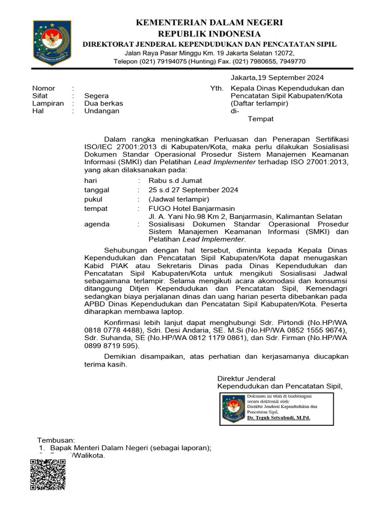 Surat Undangan Sosialisasi ISO 27001 - Wil - Kalimantan - Banjarmasin - Tte | PDF