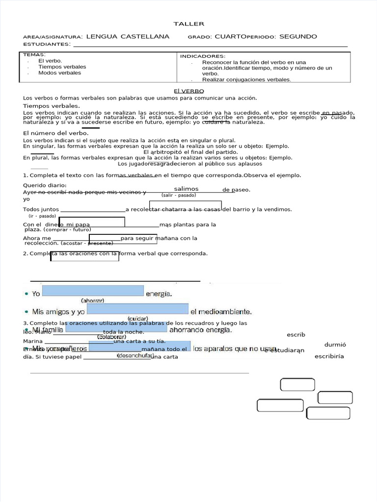 Pdf Taller El Verbo 4 Pdf Verbo Lingüística