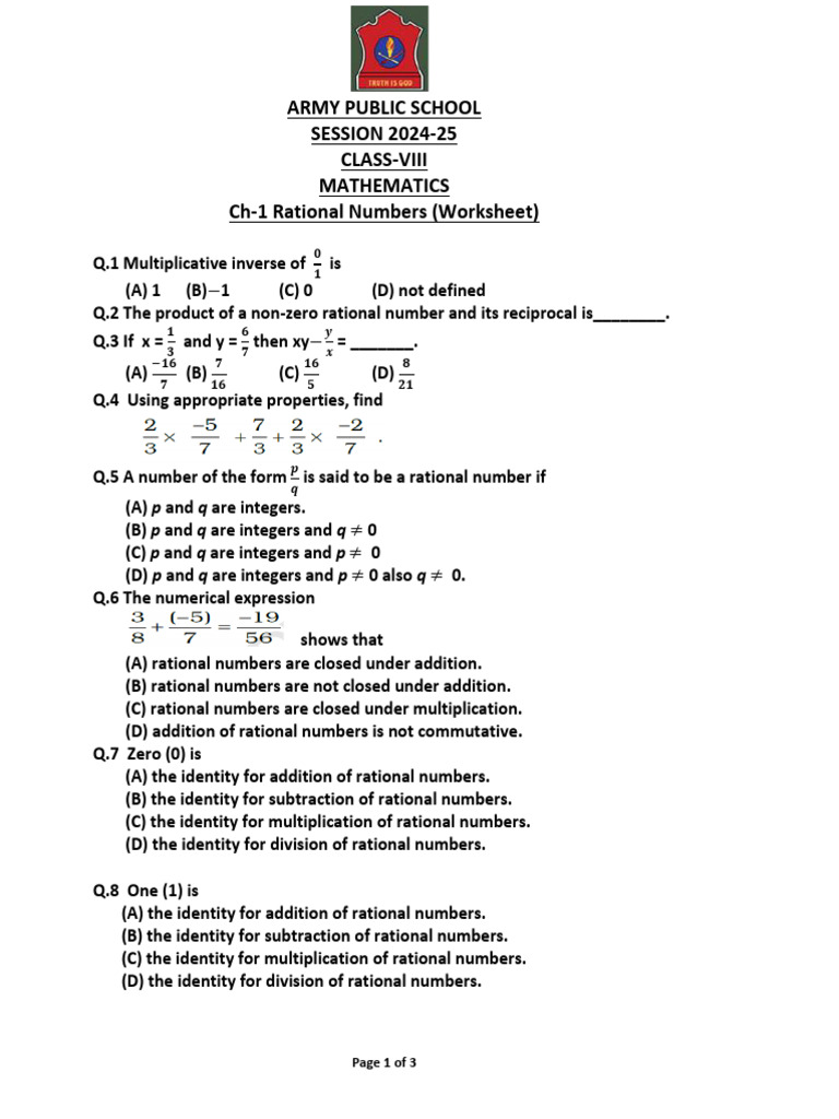 Cl-8 Ch-1 Ratioinal Numbers Assignment (A) | PDF