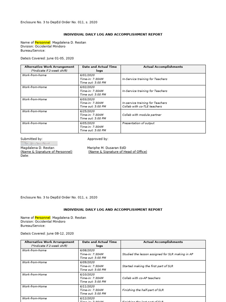 M. Reotan- Individual Daily Log- final | PDF