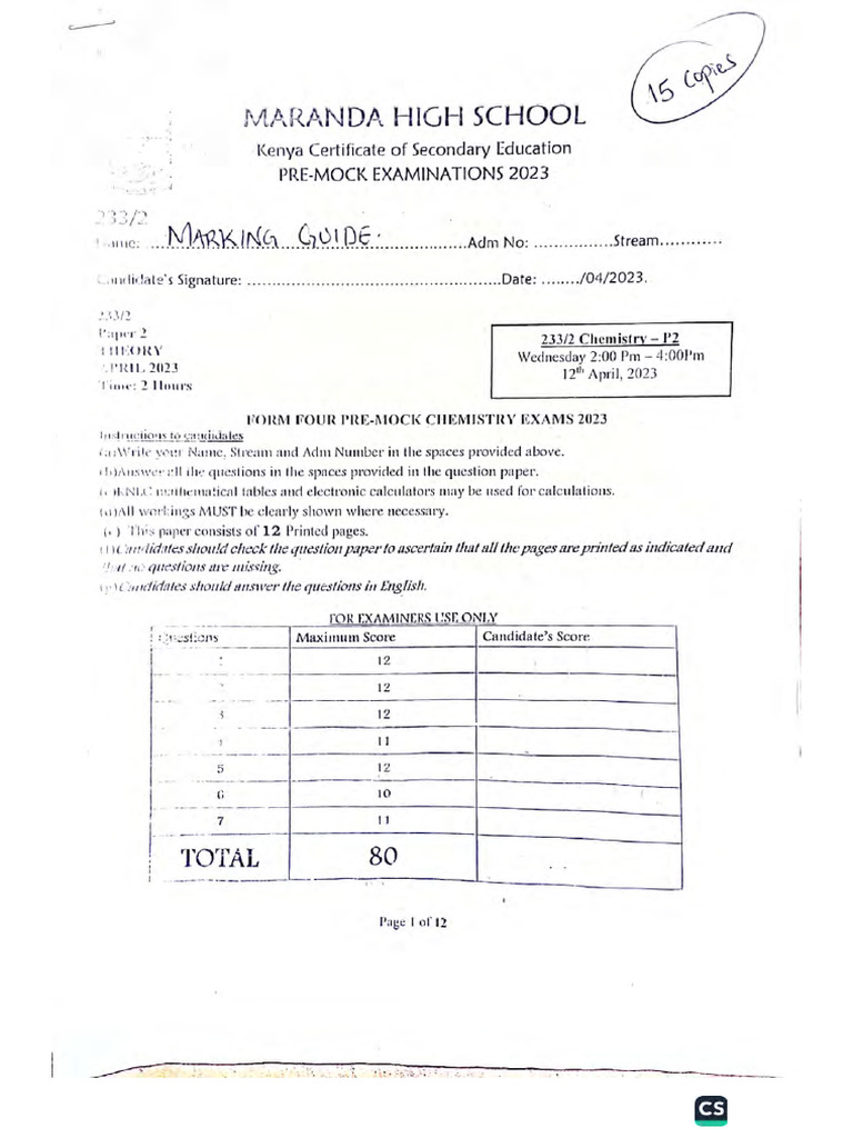 2023 Maranda Pre Mock CHEM PP2 MS | PDF