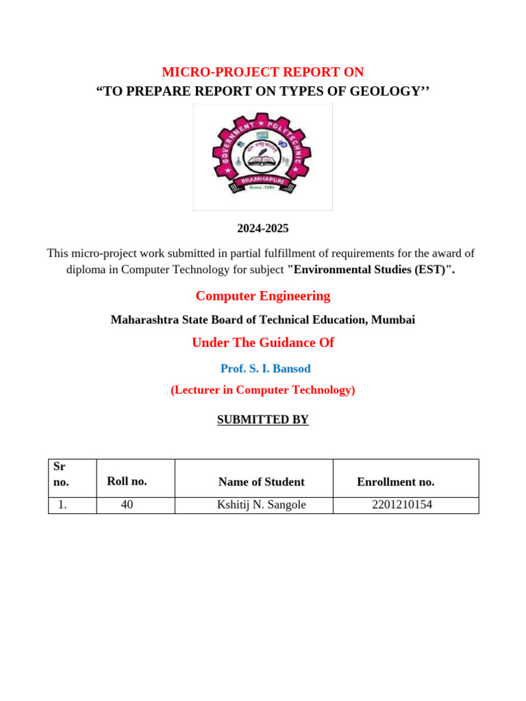 EST MicroProject On Types of Geology | PDF | Hydrology | Geology