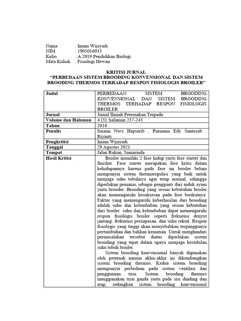 Imam Wijayadi - Tugas 1 Kritisi Jurnal Fisiologi Hewan | PDF