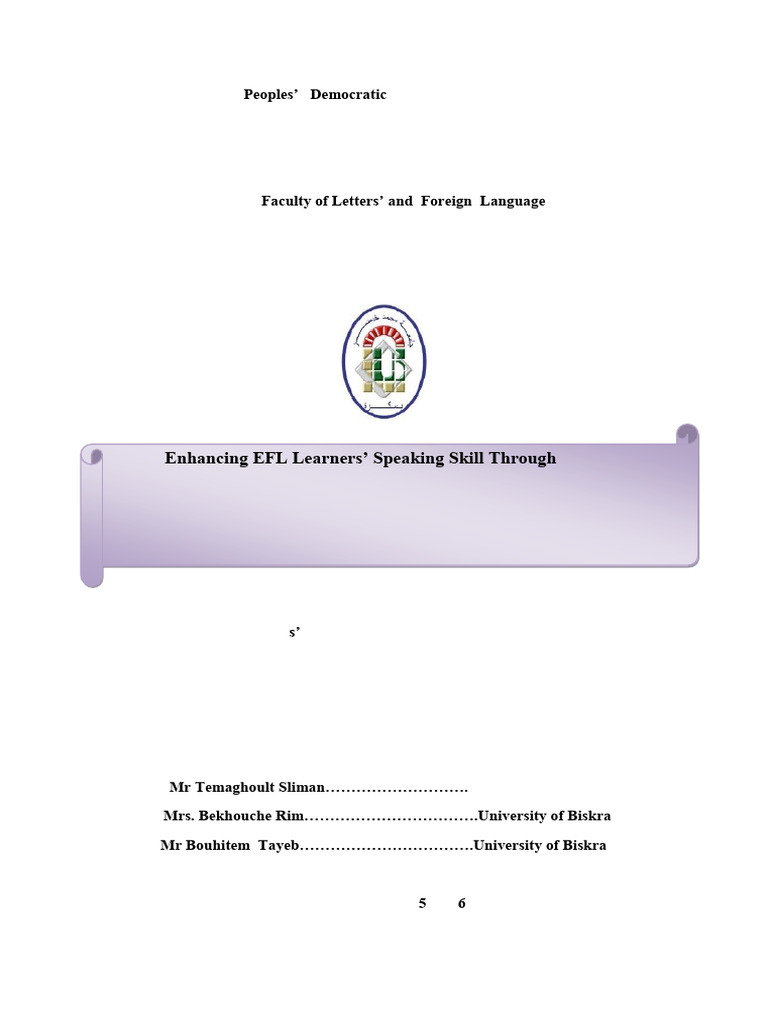 Enhancing EFL Learners' Speaking Skill Through Classroom Interaction A Case Study of Third Year ...