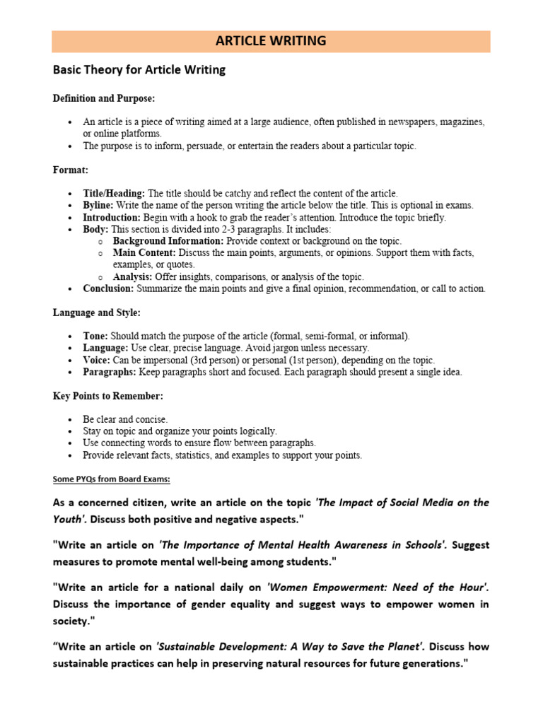 ARTICLE WRITING - CLASS XII | PDF | Human Communication