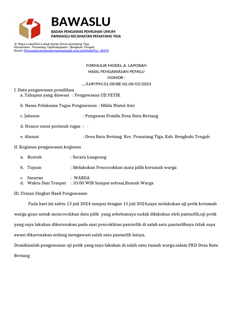 Uji Petik Desa Batu Beriang 15 Juli 2024 | PDF