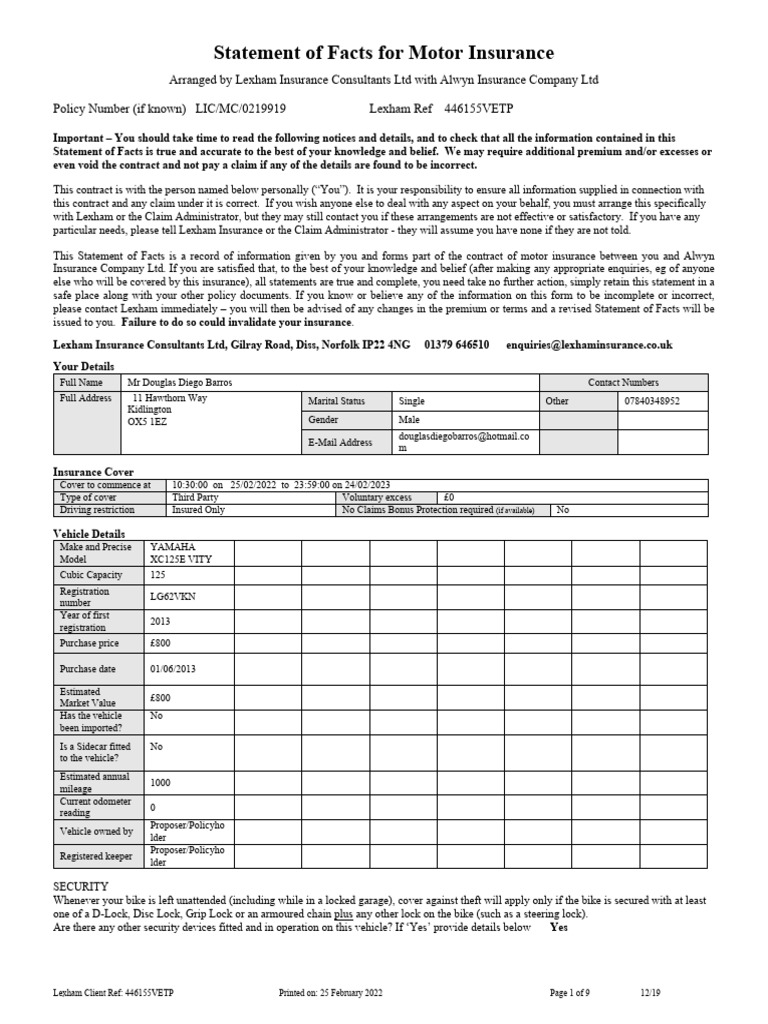 Insurance Statement of Facts | PDF | Insurance | Information Privacy