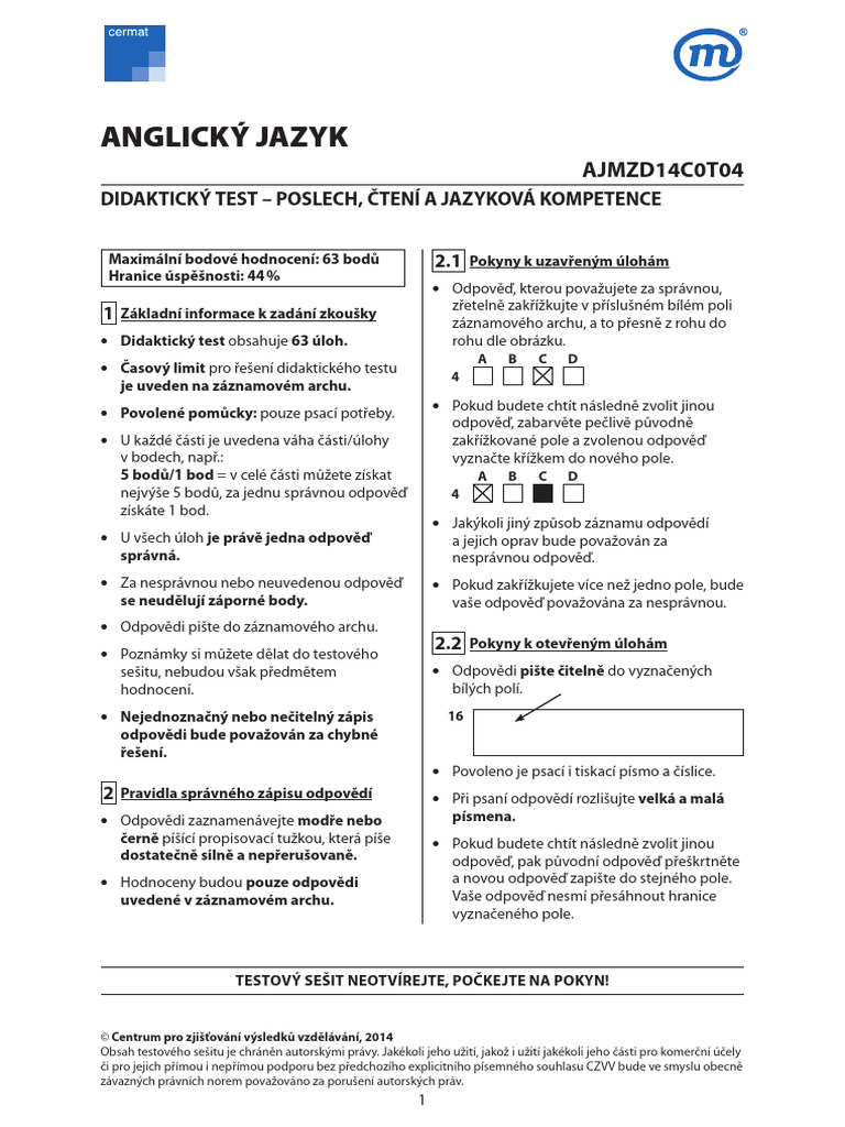 Statni Maturita Anglictina Didakticky Test 2014 Podzim | PDF