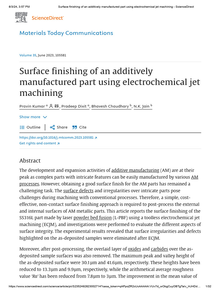 Surface Finishing of An Additively Manufactured Part Using ...